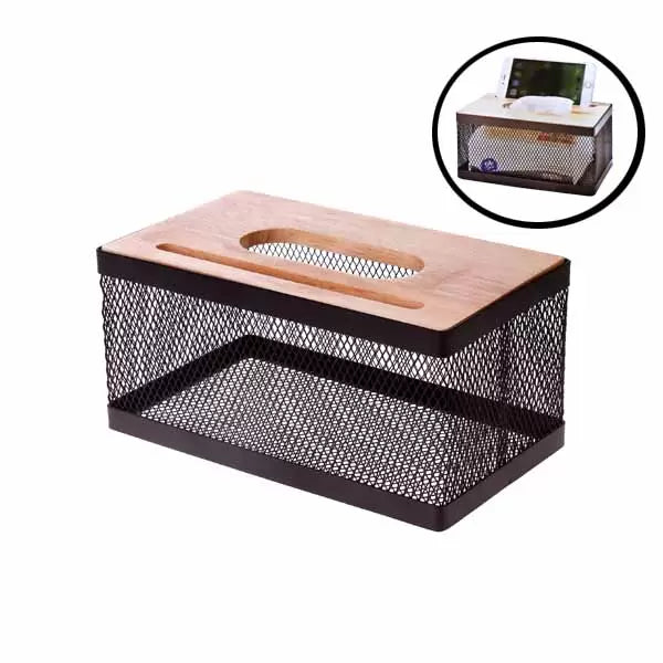 Iron Material Tissue Box With Wooden Lid Cover And Mobile Holder Stand ...